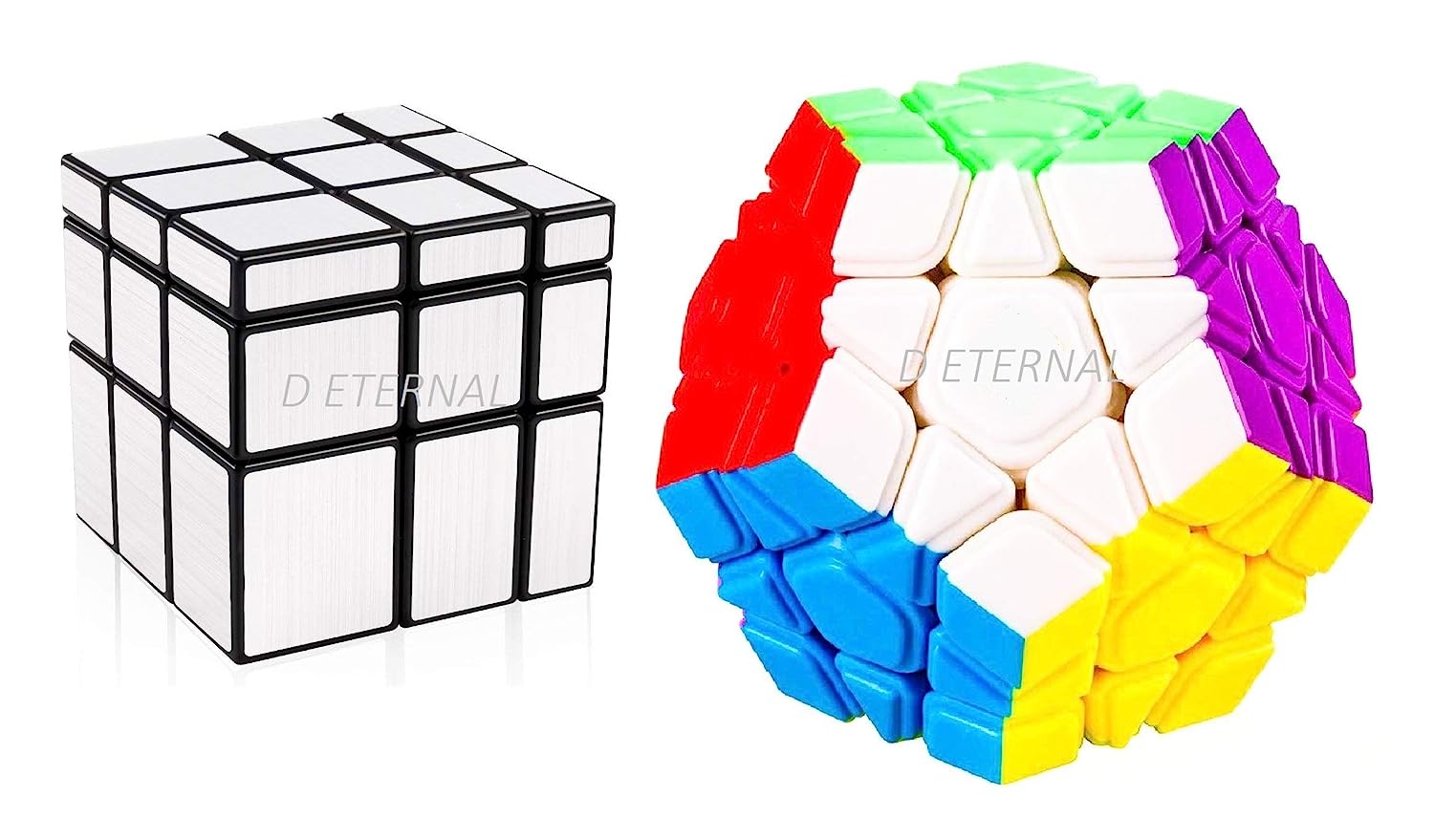 D ETERNAL Cube Puzzle Combo, 3x3 Silver Mirror Speed Cube and Megaminx